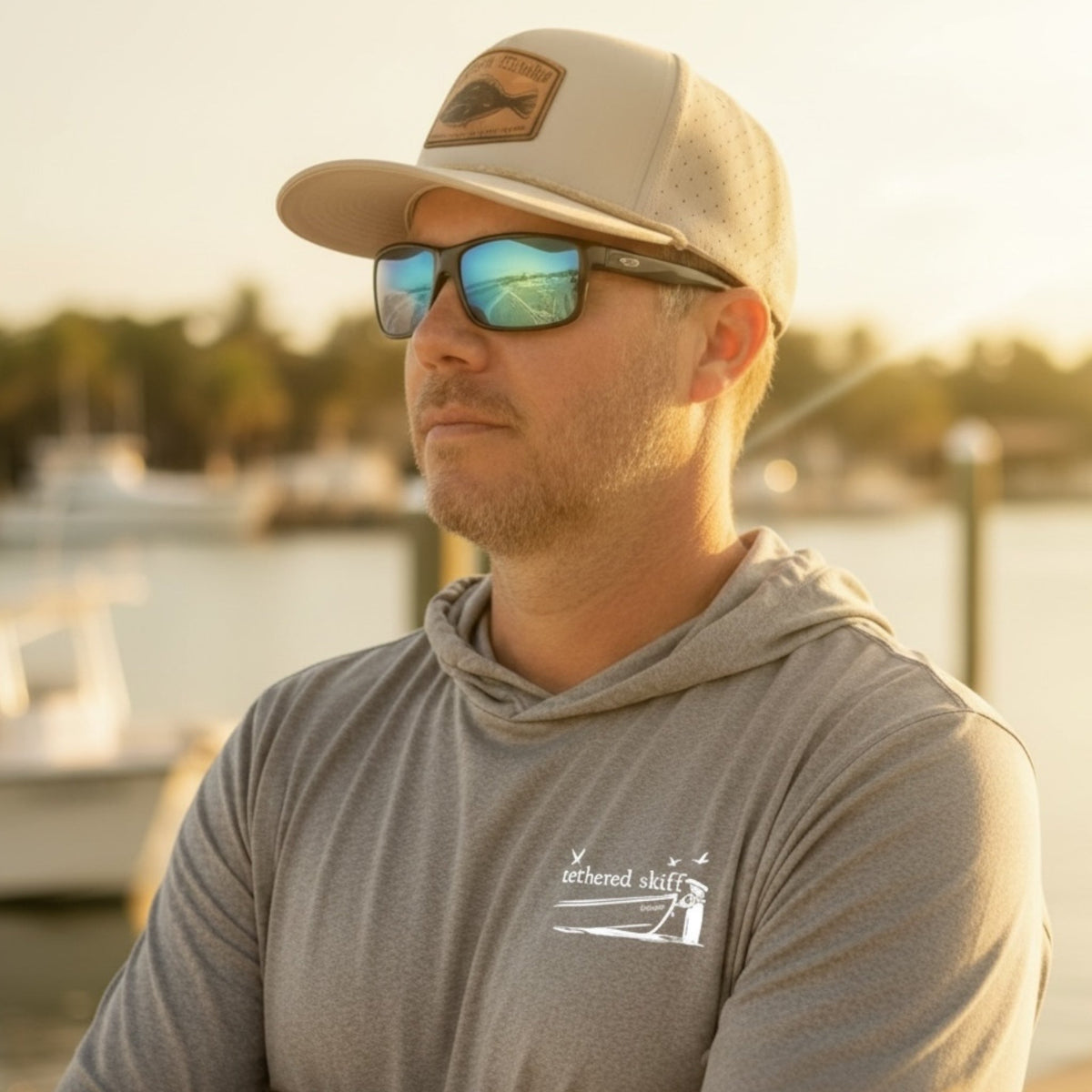 Tethered Skiff - Flag - Heather Gray - LS Hooded Performance